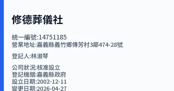 修德葬儀社的照片-統編 14751185(嘉義縣) 公司登記資料與營業項目詳細圖表