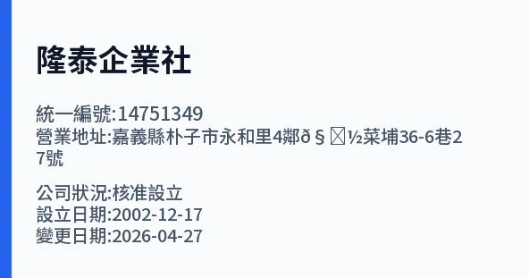 隆泰企業社的照片-統編 14751349(嘉義縣) 公司登記資料與營業項目詳細圖表