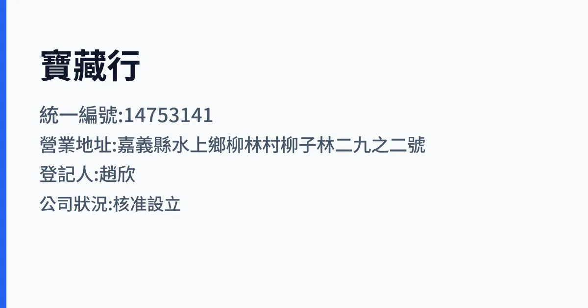 寶藏行 - 統編 14753141(嘉義縣) 公司登記資料與營業項目詳細圖表