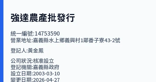 強達農產批發行的照片-統編 14753590(嘉義縣) 公司登記資料與營業項目詳細圖表