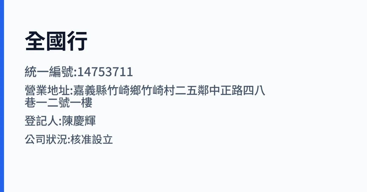 全國行 - 統編 14753711(嘉義縣) 公司登記資料與營業項目詳細圖表