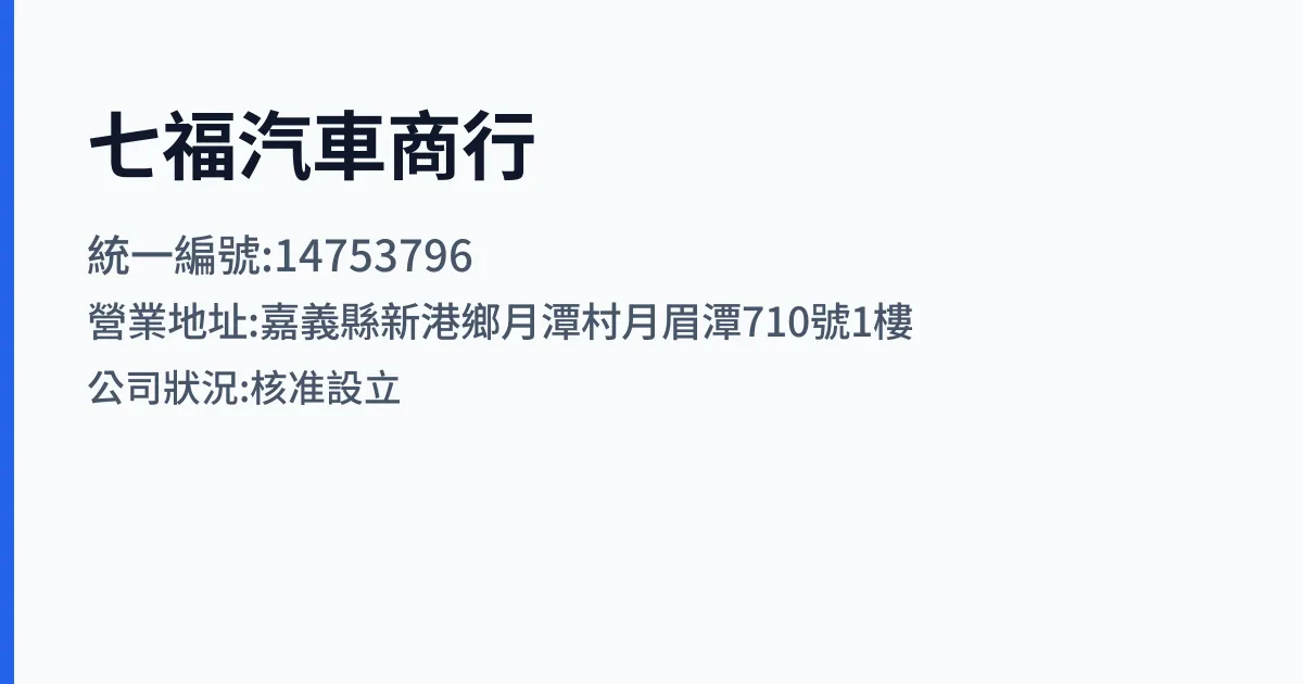 七福汽車商行 - 統編 14753796(嘉義縣) 公司登記資料與營業項目詳細圖表