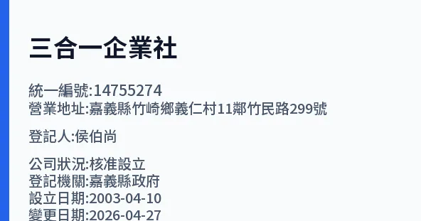 三合一企業社的照片-統編 14755274(嘉義縣) 公司登記資料與營業項目詳細圖表