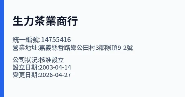生力茶業商行的照片-統編 14755416(嘉義縣) 公司登記資料與營業項目詳細圖表