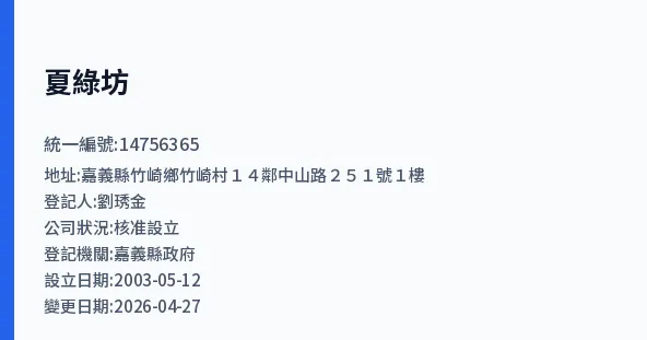 夏綠坊的照片-統編 14756365(嘉義縣) 公司登記資料與營業項目詳細圖表