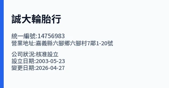 誠大輪胎行的照片-統編 14756983(嘉義縣) 公司登記資料與營業項目詳細圖表