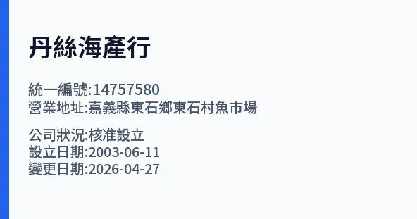 丹絲海產行的照片-統編 14757580(嘉義縣) 公司登記資料與營業項目詳細圖表