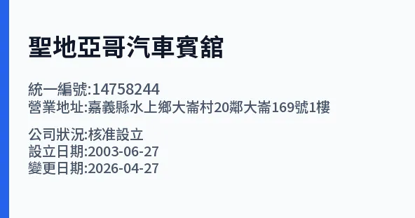 聖地亞哥汽車賓舘的照片-統編 14758244(嘉義縣) 公司登記資料與營業項目詳細圖表