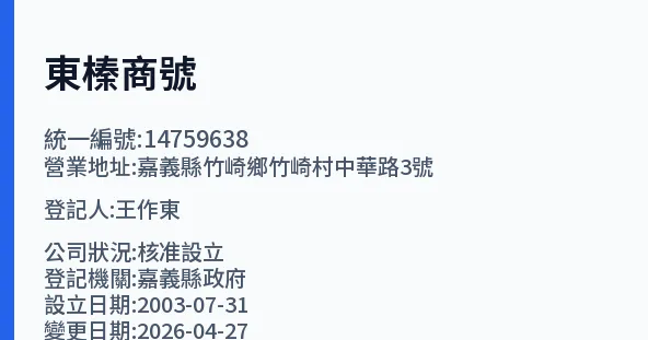 東榛商號的照片-統編 14759638(嘉義縣) 公司登記資料與營業項目詳細圖表