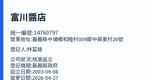 富川醬店的照片-統編 14760797(嘉義縣) 公司登記資料與營業項目詳細圖表