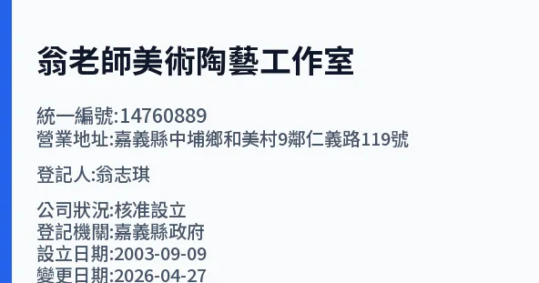 翁老師美術陶藝工作室的照片-統編 14760889(嘉義縣) 公司登記資料與營業項目詳細圖表