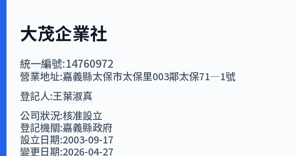 大茂企業社的照片-統編 14760972(嘉義縣) 公司登記資料與營業項目詳細圖表