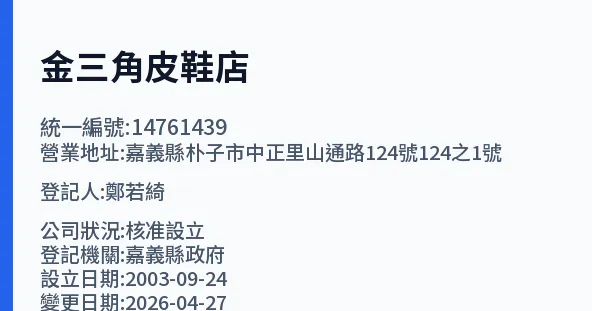 金三角皮鞋店的照片-統編 14761439(嘉義縣) 公司登記資料與營業項目詳細圖表