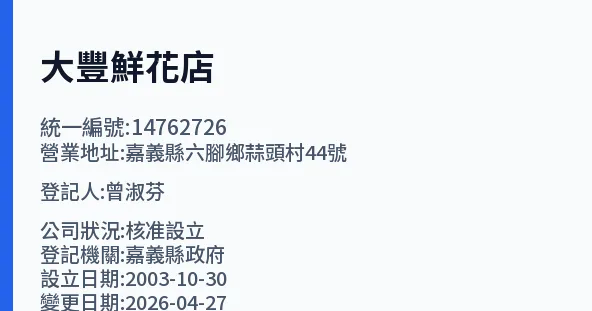 大豐鮮花店的照片-統編 14762726(嘉義縣) 公司登記資料與營業項目詳細圖表