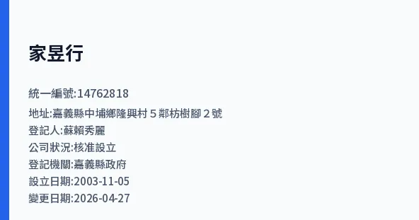 家昱行的照片-統編 14762818(嘉義縣) 公司登記資料與營業項目詳細圖表