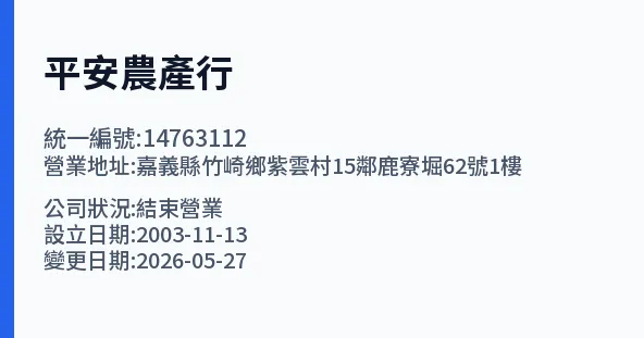 平安農產行的照片-統編 14763112(嘉義縣) 公司登記資料與營業項目詳細圖表