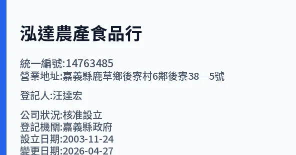 泓達農產食品行的照片-統編 14763485(嘉義縣) 公司登記資料與營業項目詳細圖表