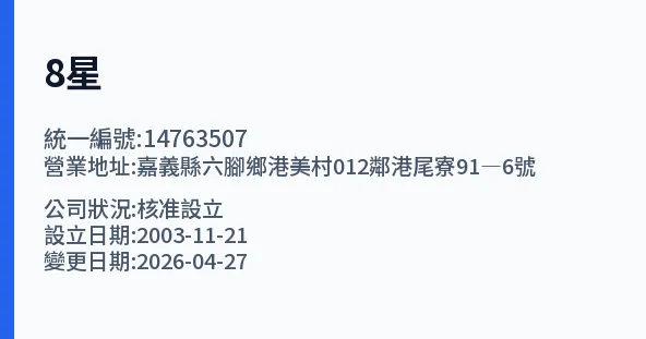 8星的照片-統編 14763507(嘉義縣) 公司登記資料與營業項目詳細圖表