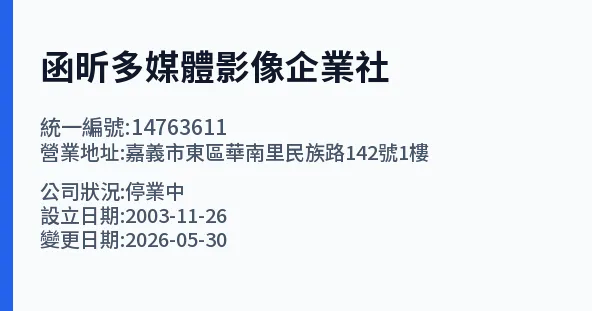 函昕多媒體影像企業社的照片-統編 14763611(嘉義市) 公司登記資料與營業項目詳細圖表