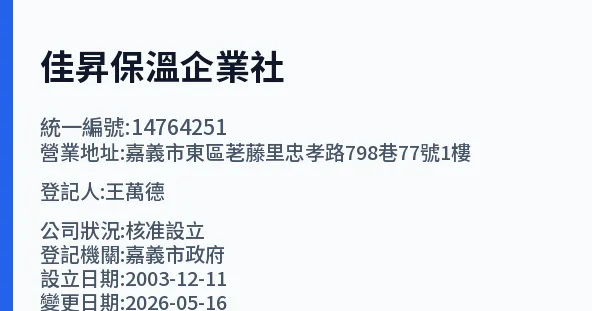 佳昇保溫企業社的照片-統編 14764251(嘉義市) 公司登記資料與營業項目詳細圖表