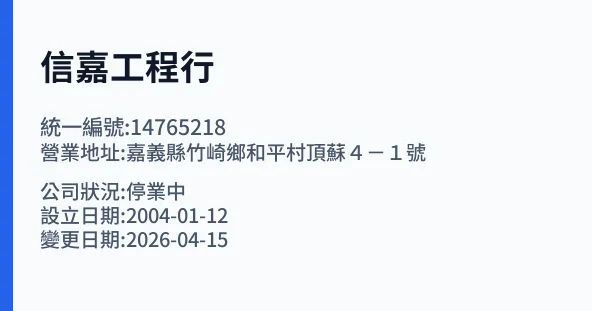 信嘉工程行的照片-統編 14765218(嘉義縣) 公司登記資料與營業項目詳細圖表