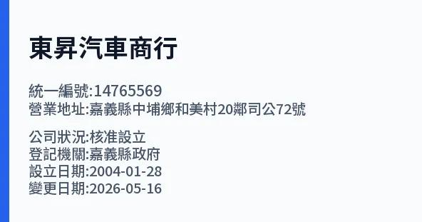 東昇汽車商行的照片-統編 14765569(嘉義縣) 公司登記資料與營業項目詳細圖表