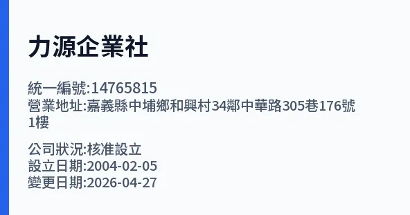 力源企業社的照片-統編 14765815(嘉義縣) 公司登記資料與營業項目詳細圖表