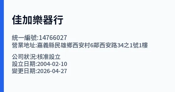 佳加樂器行的照片-統編 14766027(嘉義縣) 公司登記資料與營業項目詳細圖表