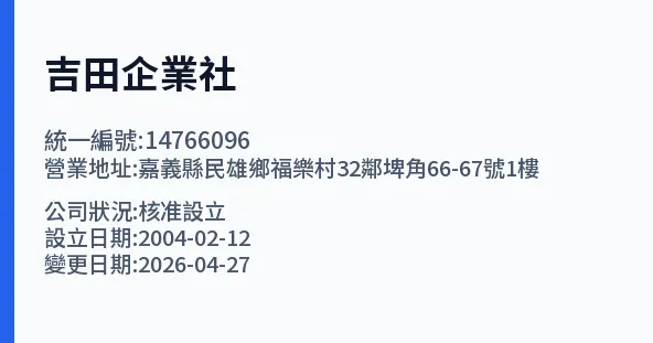 吉田企業社的照片-統編 14766096(嘉義縣) 公司登記資料與營業項目詳細圖表