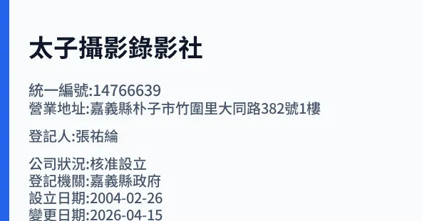 太子攝影錄影社的照片-統編 14766639(嘉義縣) 公司登記資料與營業項目詳細圖表