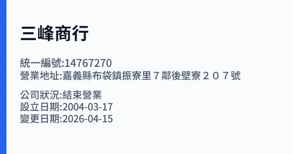 三峰商行的照片-統編 14767270(嘉義縣) 公司登記資料與營業項目詳細圖表