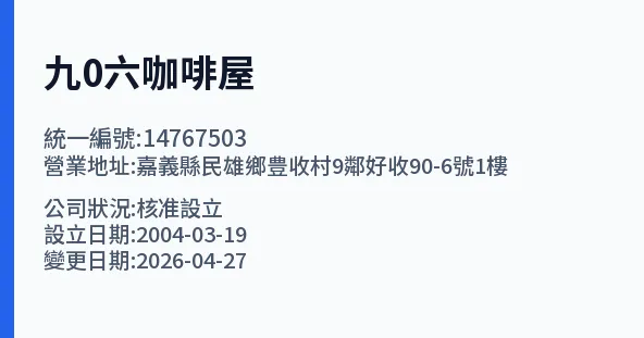 九0六咖啡屋的照片-統編 14767503(嘉義縣) 公司登記資料與營業項目詳細圖表