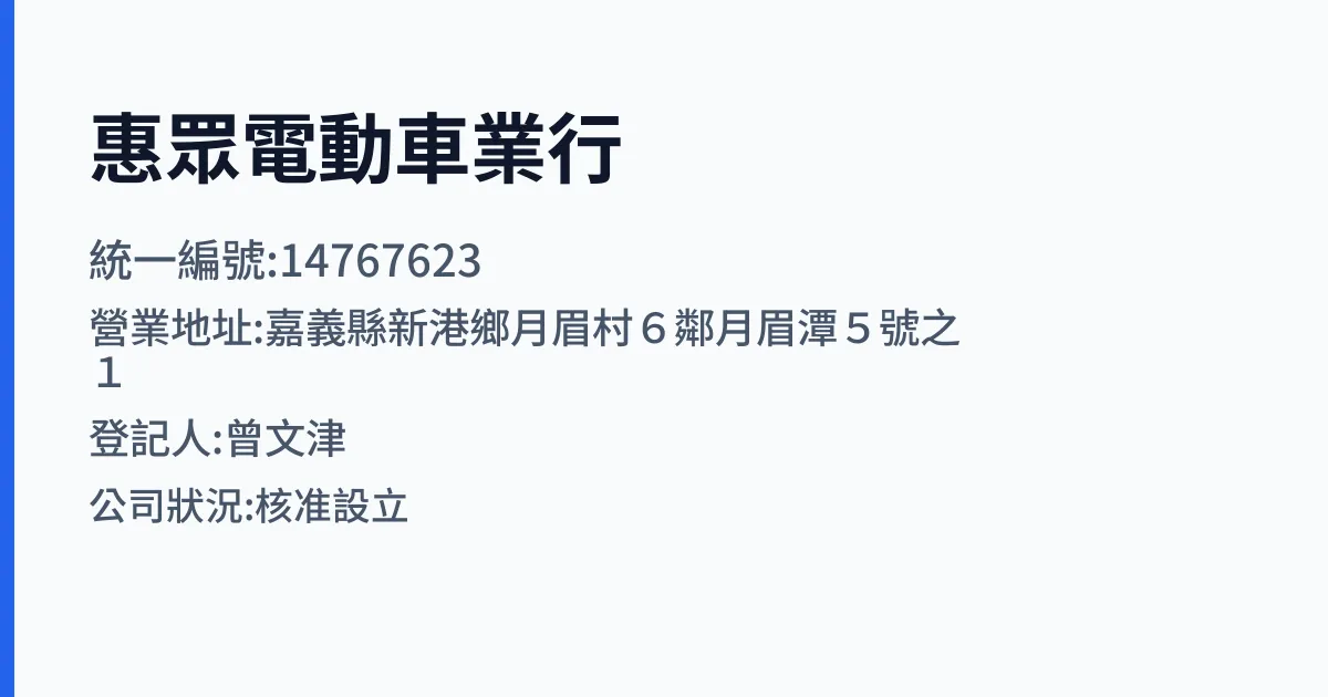惠眾電動車業行 - 統編 14767623（嘉義縣） 公司登記資料與營業項目詳細圖表