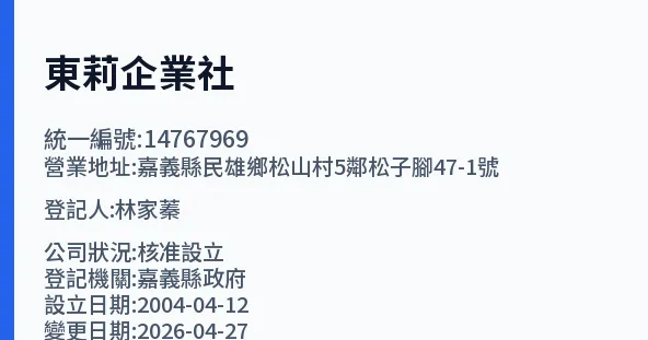 東莉企業社的照片-統編 14767969(嘉義縣) 公司登記資料與營業項目詳細圖表