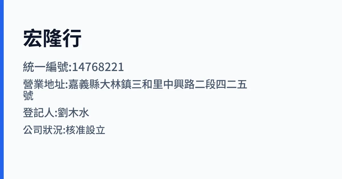 宏隆行 - 統編 14768221(嘉義縣) 公司登記資料與營業項目詳細圖表