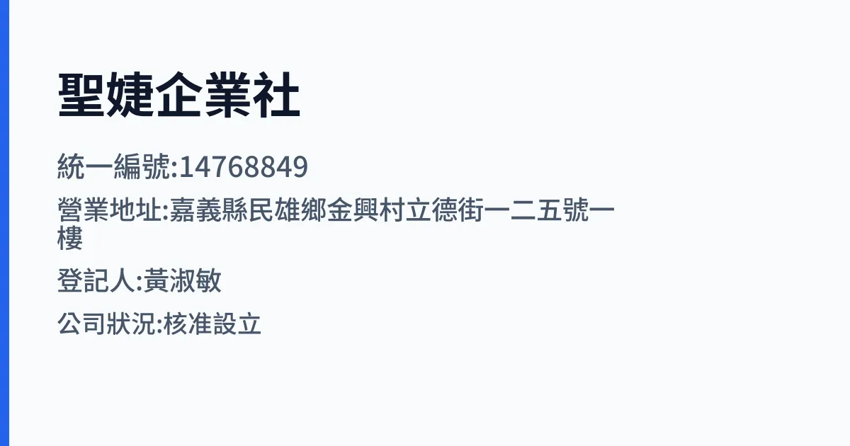 聖婕企業社 - 統編 14768849(嘉義縣) 公司登記資料與營業項目詳細圖表