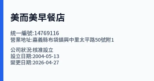 美而美早餐店的照片-統編 14769116(嘉義縣) 公司登記資料與營業項目詳細圖表