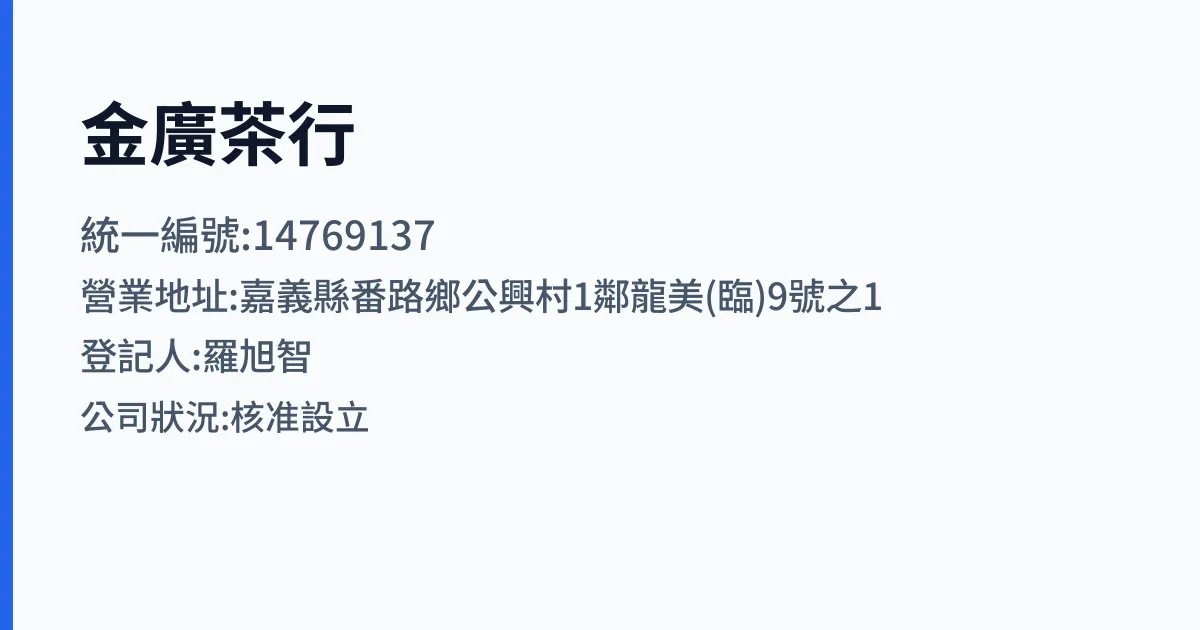 金廣茶行 - 統編 14769137(嘉義縣) 公司登記資料與營業項目詳細圖表