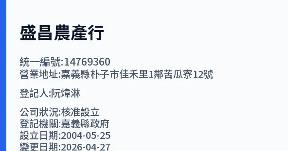 盛昌農產行的照片-統編 14769360(嘉義縣) 公司登記資料與營業項目詳細圖表