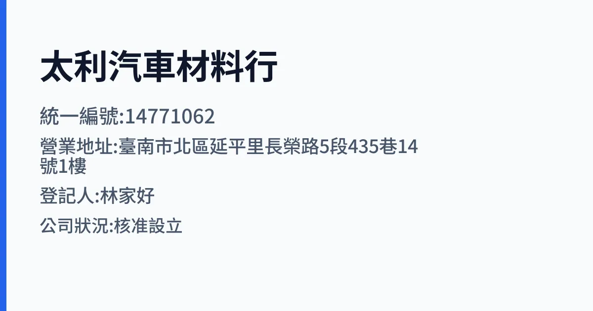 太利汽車材料行 - 統編 14771062(臺南市) 公司登記資料與營業項目詳細圖表