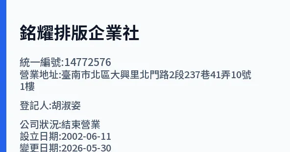 銘耀排版企業社的照片-統編 14772576(臺南市) 公司登記資料與營業項目詳細圖表