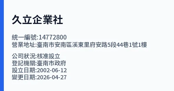 久立企業社的照片-統編 14772800(臺南市) 公司登記資料與營業項目詳細圖表