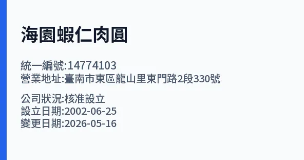 海園蝦仁肉圓的照片-統編 14774103(臺南市) 公司登記資料與營業項目詳細圖表