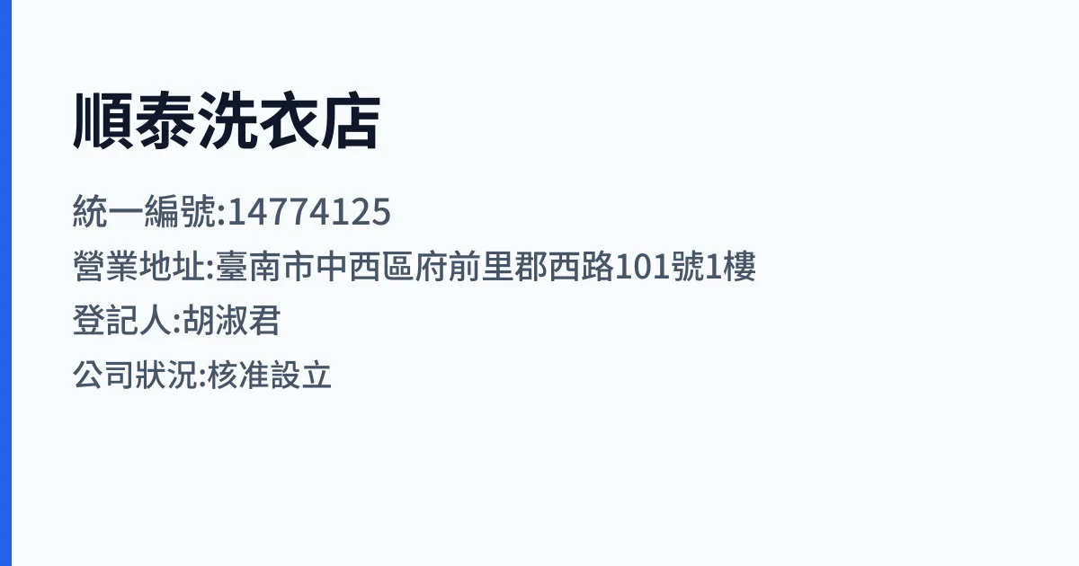 順泰洗衣店 - 統編 14774125(臺南市) 公司登記資料與營業項目詳細圖表