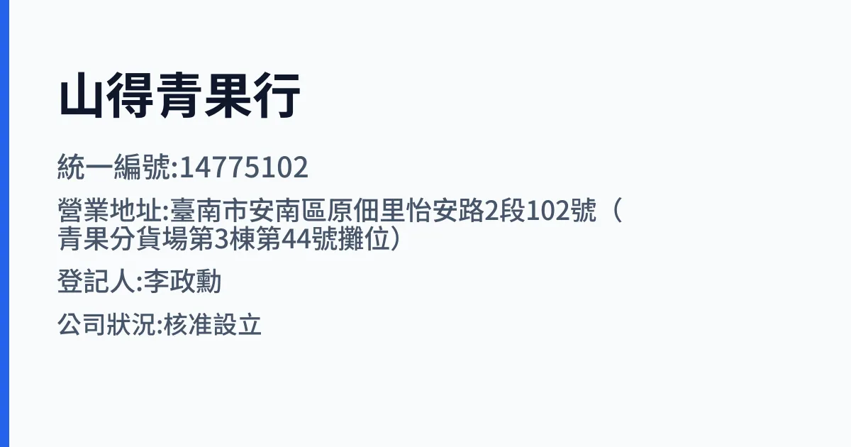 山得青果行 - 統編 14775102(臺南市) 公司登記資料與營業項目詳細圖表