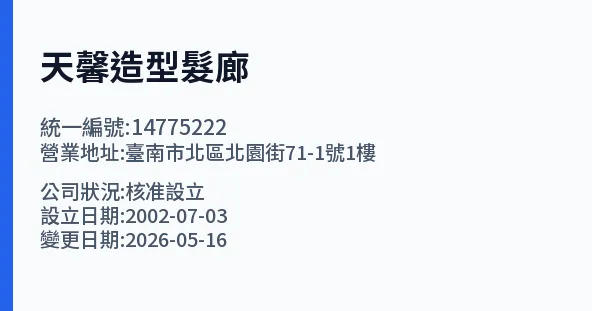 天馨造型髮廊的照片-統編 14775222(臺南市) 公司登記資料與營業項目詳細圖表