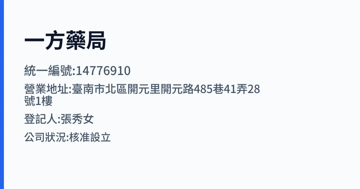 一方藥局 - 統編 14776910(臺南市) 公司登記資料與營業項目詳細圖表