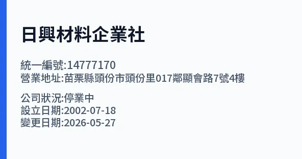 日興材料企業社的照片-統編 14777170(苗栗縣) 公司登記資料與營業項目詳細圖表