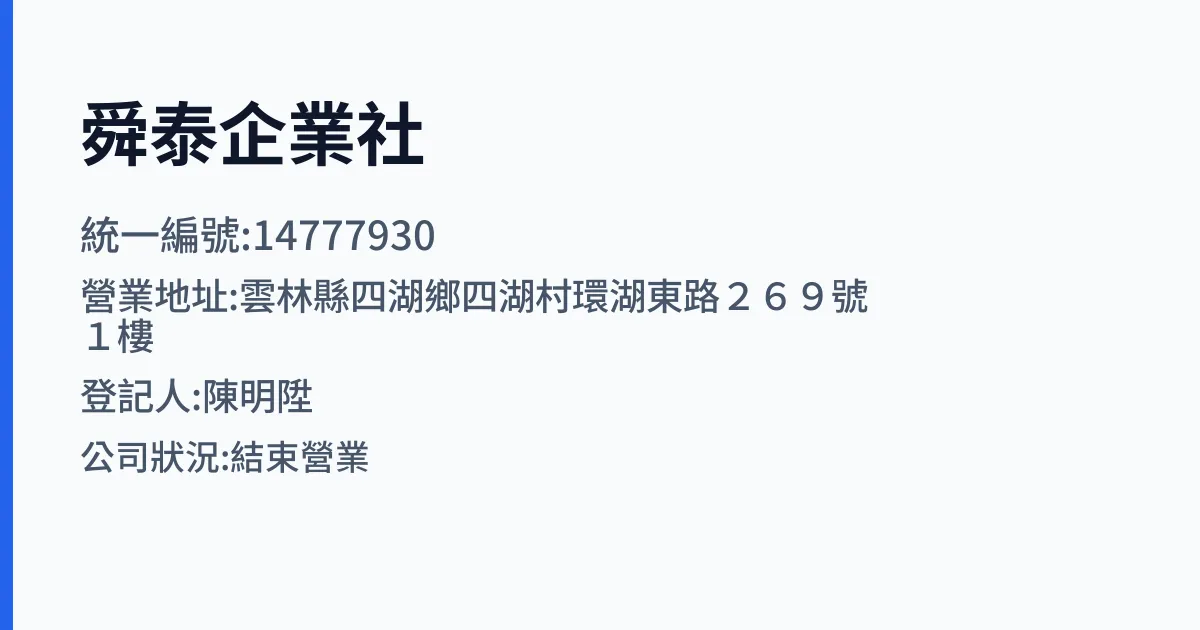 舜泰企業社 - 統編 14777930(雲林縣) 公司登記資料與營業項目詳細圖表