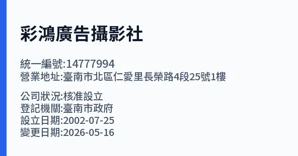 彩鴻廣告攝影社的照片-統編 14777994(臺南市) 公司登記資料與營業項目詳細圖表